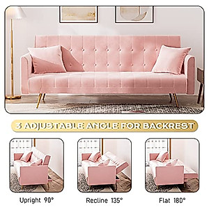OUYESSIR Velvet Futon Sofa Bed with 2 Pillows, Convertible Futon Couch, Sturdy Sleeper Sofa in 71 inch, Small Futon Sofas (Pink)