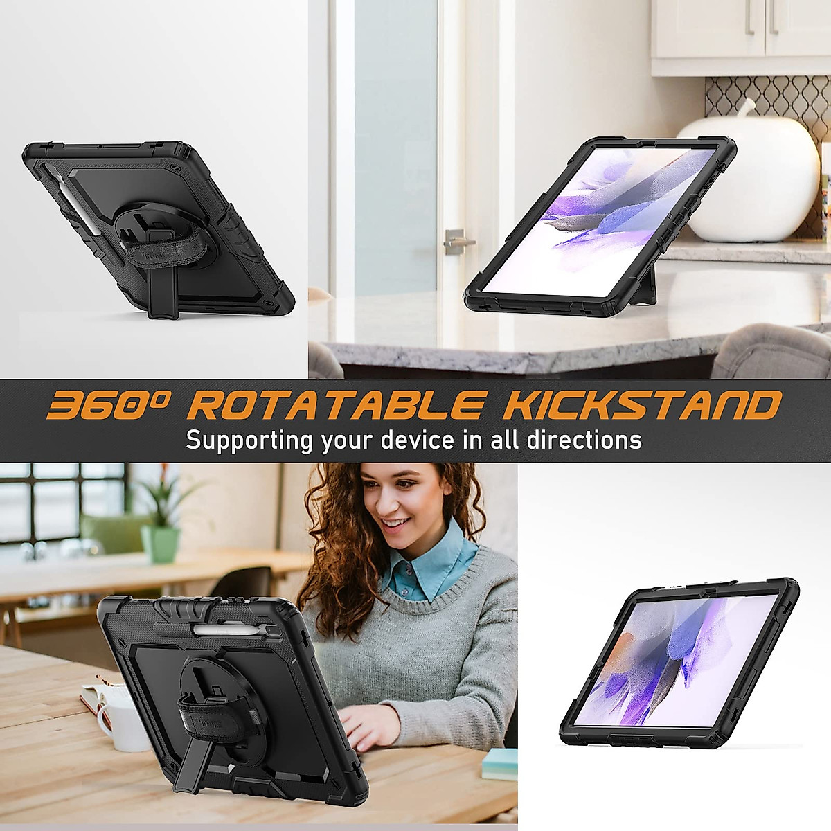 timecity Case for Samsung Galaxy Tab S8 Plus/ S7 FE 5G Case 12.4'' with Screen Protector & 360° Swivel Kickstand & Hand Shoulder Strap Case for Galaxy Tab S7 FE/ S8 Plus/ S7 Plus 12.4 inch -Black