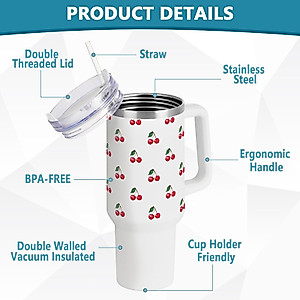 Burbuja Cherries 40oz Insulated Tumblers with Handle and Straw Lid, Double Wall Stainless Steel Travel Mug Leak-Proof, BPA Free, Gift for Mom Dad