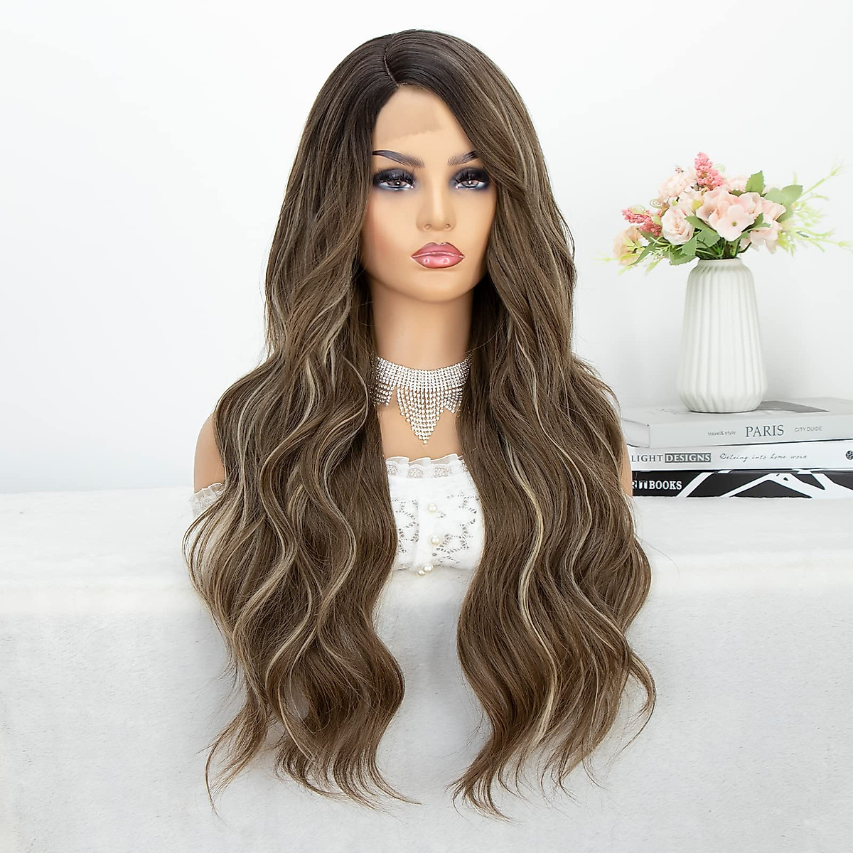 K'ryssma Ash Brown Wig with Highlights Long Wavy Synthetic Wigs for Women Natural Hairline Ombre Highlight Wig with Dark Roots