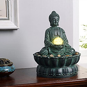 Haobos Indoor Tabletop Fountain Exquisite Sitting Buddha Fountains Meditation Desk Water Fountain Decorative Zen Fountain w/Glass Rolling Ball/LED/Stone Office and Home Decor 9.4" (21127A)