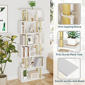 Yusong Geometric Bookcase, S Shaped Bookshelf 6-Tier Book Shelves for Bedroom, Modern Wood Decorative Display Shelf Tall Book Case for Home Office, Gold and White