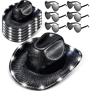 Janmercy 6 Pack Led Cowboy Hats Light Up Glitter Space Cowgirl Hat with 6 Heart Sunglasses for Women Girls and Men (Black)