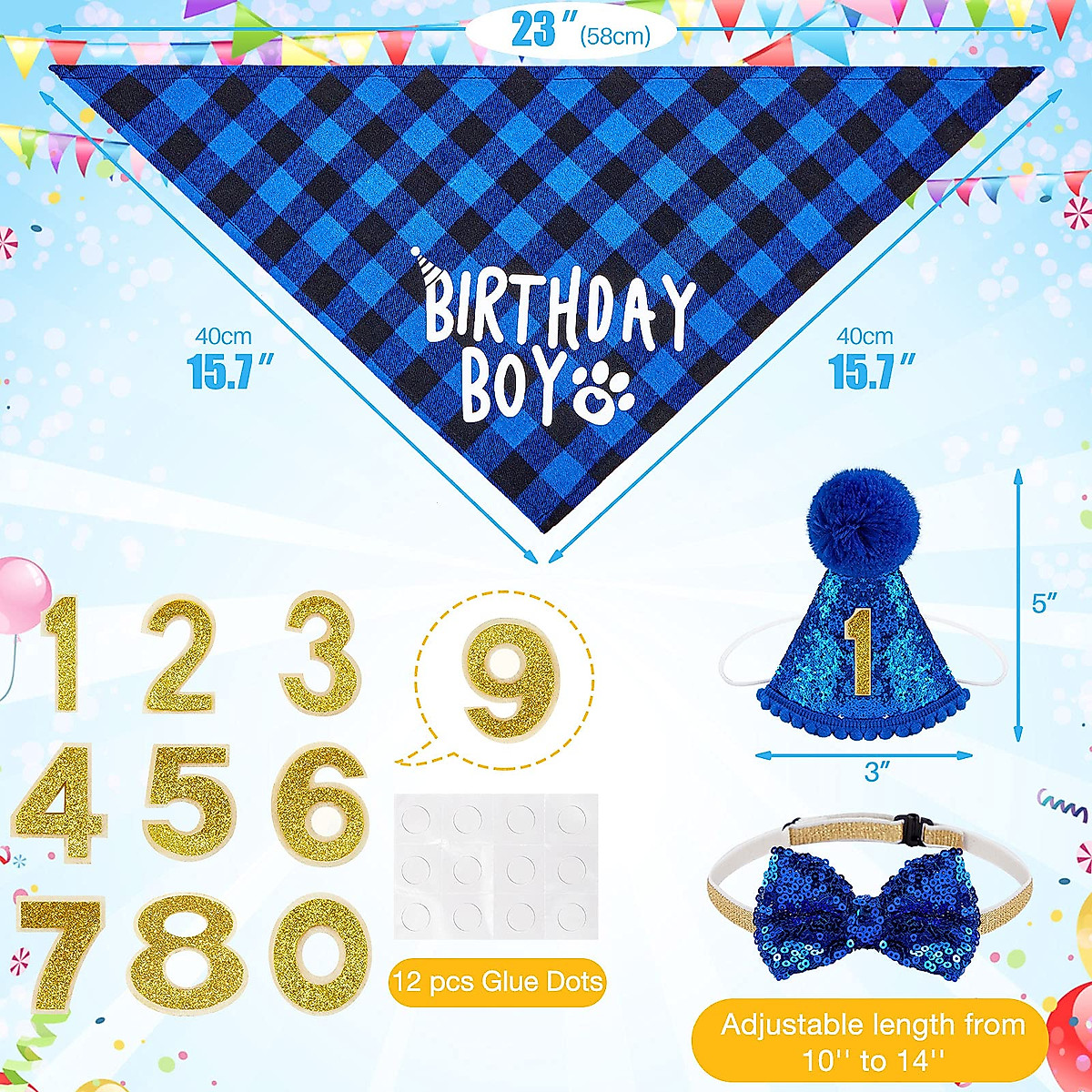 18 Pieces Dog Birthday Party Supplies, Pet Birthday Boy Bandana Dog Birthday Bandana Balloon Banner Pet Birthday Hat with 0-8 Figures Touch Ink Pad and Imprint Cards Dog Birthday Party Decorations
