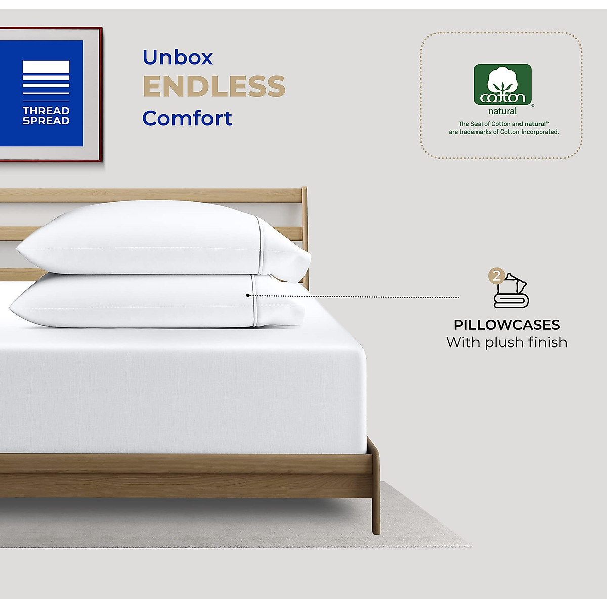 THREAD SPREAD 100% Cotton Pillowcases Standard/Queen Size Sets of 2-400 Thread Count White Cotton Pillowcases, Ultra Soft Cooling Sateen Weave Pillow Cases for Sleeping, Sets of 2 Pillow Covers