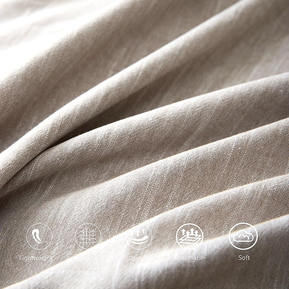 BFS HOME Stonewashed Cotton/Linen Duvet Cover Queen, 3-Piece Comforter Cover Set, Breathable and Skin-Friendly Bedding Set (Khaki, Queen)