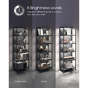 VASAGLE 6-Tier LED Bookshelf, Display Shelf with Dimmable Lights, LED Bookcase with Steel Frame, 11.9 x 23.6 x 70.3 Inches, for Living Room, Bedroom, Office, Black with Wood Grain ULLS120B56