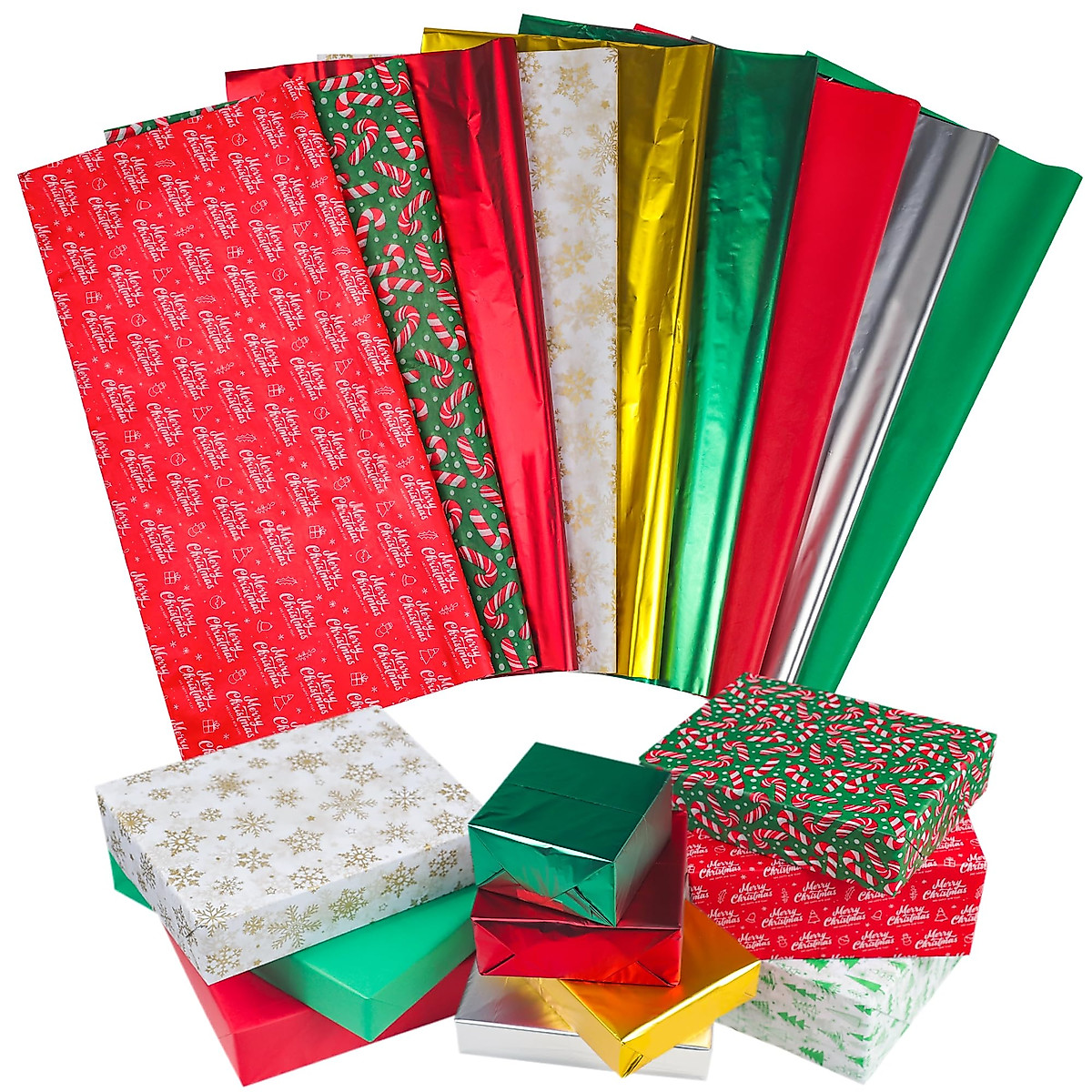 BLEWINDZ 100 Sheets Christmas Tissue Paper for Gift Wrapping Bags, 20'' x 20'' Christmas Sparkle Metallic Gift Wrapping Paper Bulk for Xmas Birthday Holiday Decor (10 Patterns)
