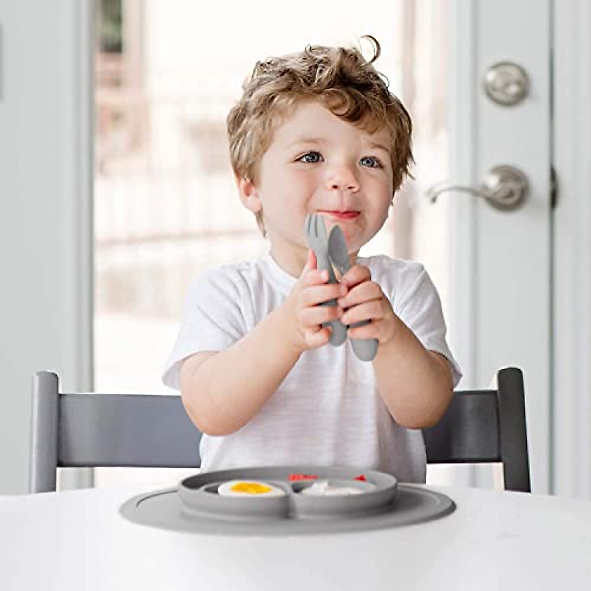 ezpz Mini Collection Set (Gray) - 100% Silicone Cup, Fork, Spoon & Mini Mat Suction Plate with Built-in Placemat for Infants + Toddlers - First Foods + Self-Feeding - 12 Months+