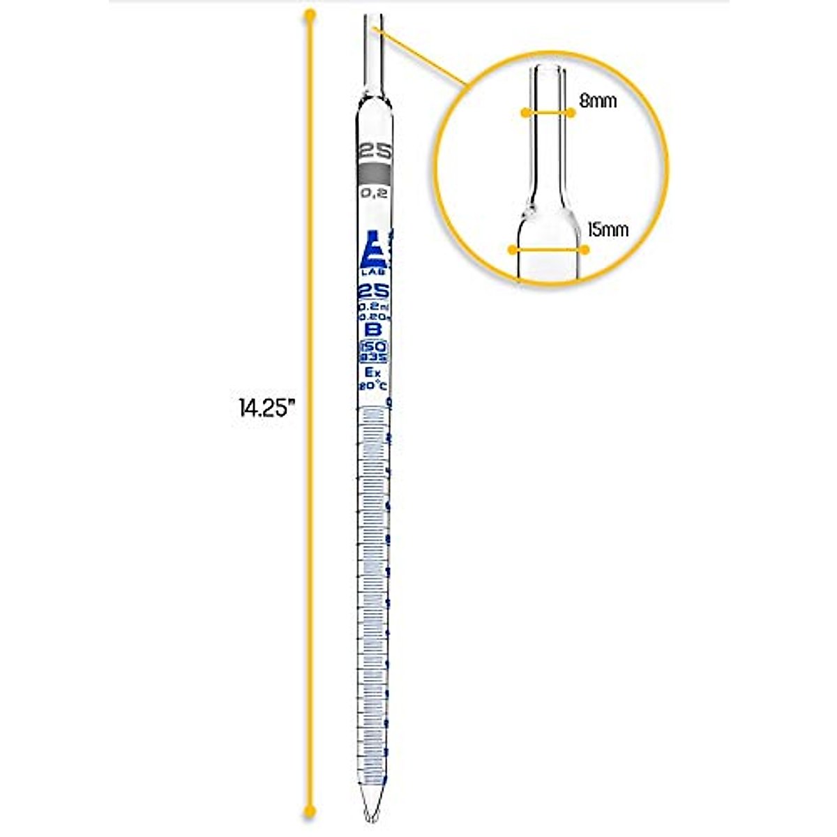 EISCO Serological Pipette, 25ml - Class B, Tolerance ±0.200ml - Blue Graduations - Color Code, White - Calibrated for Delivery to Jet - Borosilicate Glass