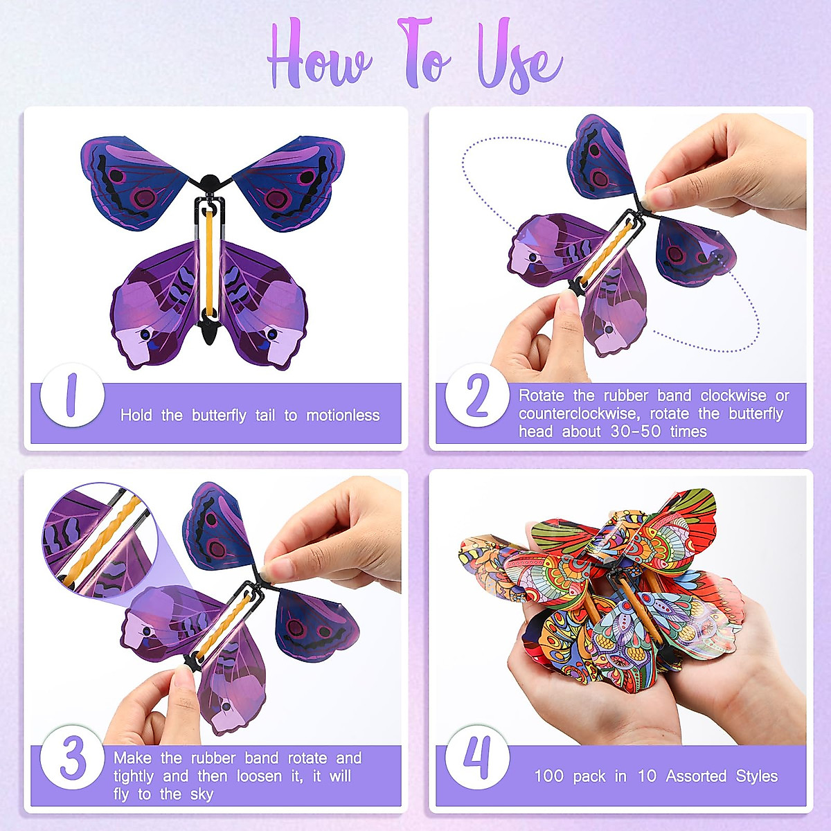 Lenwen 100 Pcs Magic Flying Butterfly Wind up Paper Butterflies That Fly Rubber Band Powered for Bookmark Card Surprise Gift Wedding Birthday Party 10 Styles, 4.41 x 4.92 Inch