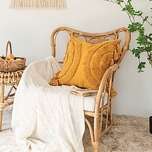 Foindtower Half Moon Accent Boho Tufted Decorative Throw Pillow Cover, Cozy Bohemian Rainbow Design Cotton Canvas Cushion Cover | Tassels Pillow Case Home Decor 18"X 18" Mustard Yellow 1 Piece