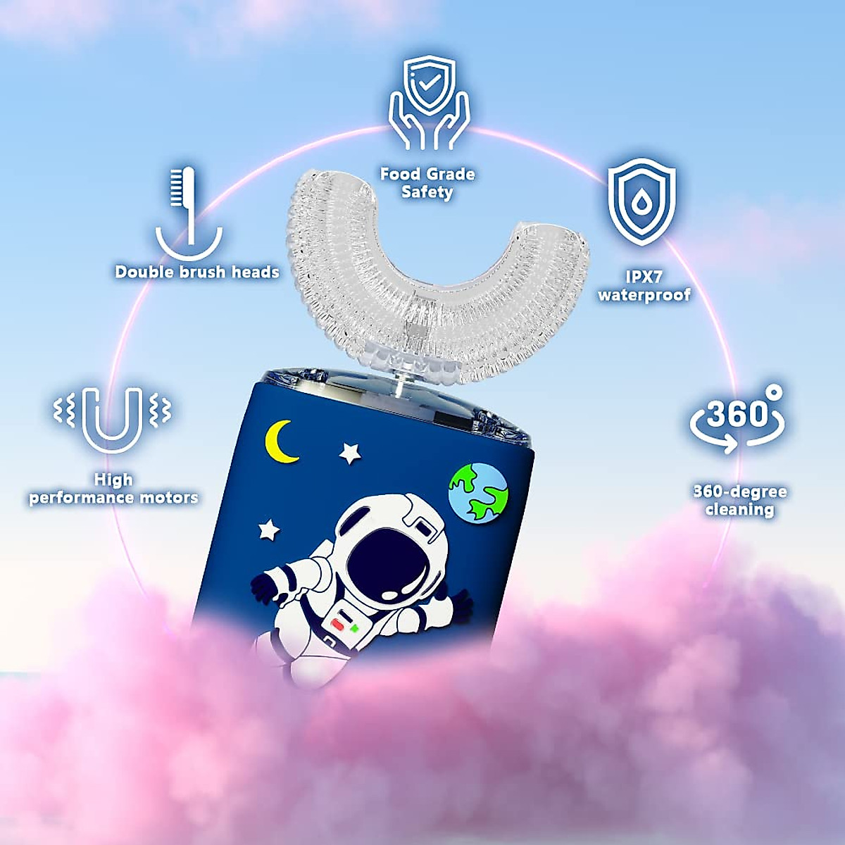 Kids Ultrasonic Electric Toothbrush, U-Shaped Toothbrush 6 Gear Speed Mode IPX7 Waterproof 360° Oral Cleaning Automatic Toothbrush for 2-7 Years Old Baby Toddler (3.Blue)