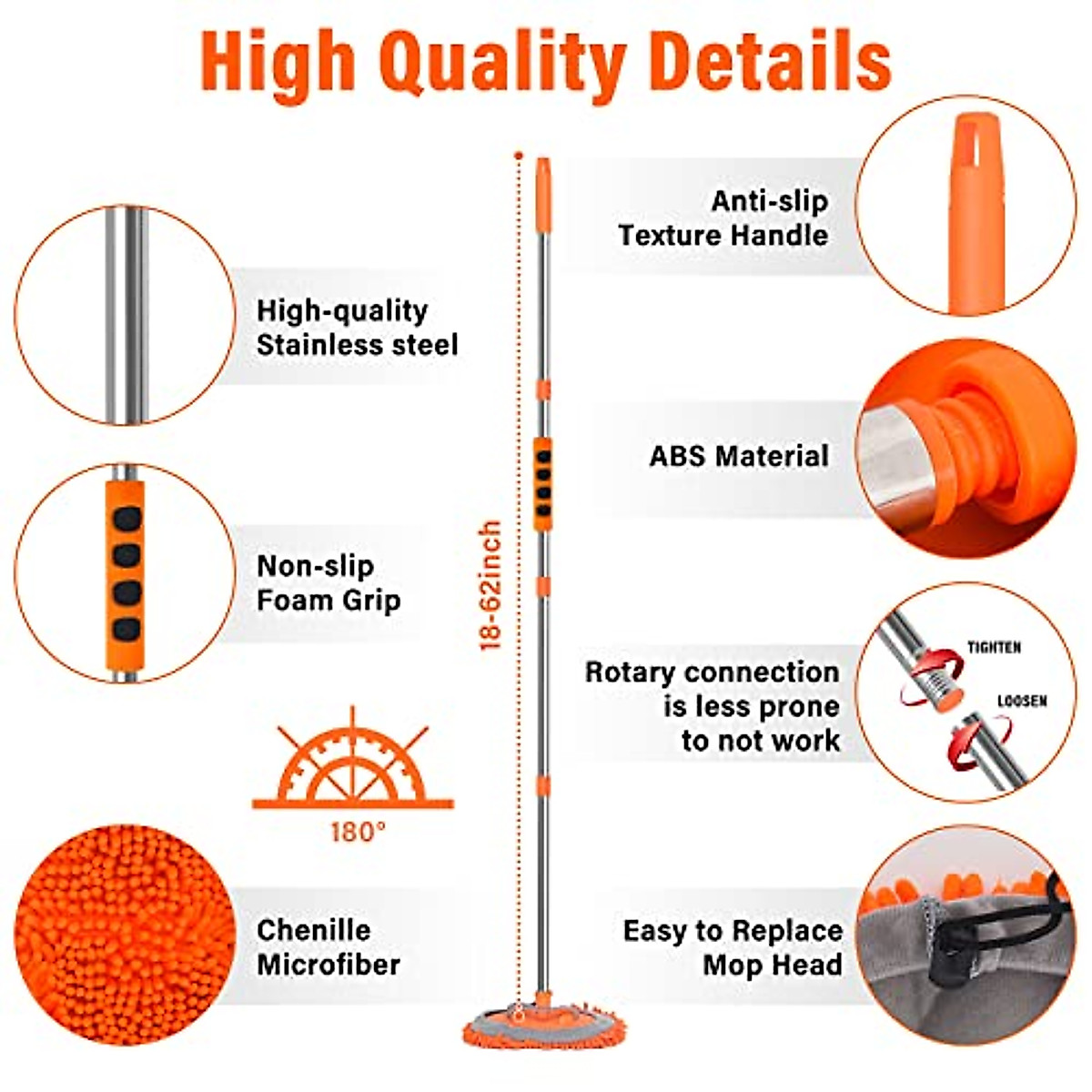 ANUINIT Car Wash Brush with Long Handle 62"/18" Microfiber Car Wash Brush,Soft Car Wash Mop Car Wash Mitt Scratch-Free Car Wash Kit,Flexible Rotation Car Washing Brush for Truck RV SUV Pickup Bus