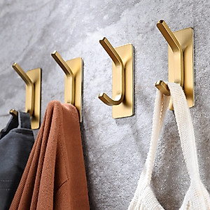 Taozun Adhesive Hooks - Gold Towel Hooks Coat Hooks, Stainless Steel 4-Pack Wall Hooks for Hanging Robe Sponges in Bathroom and Bedroom
