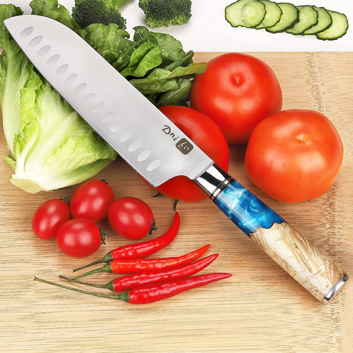 Dnifo Santoku Knife 7-Inch Japanese Style Chef Knife, Multifunctional Ultra Sharp High Carbon Stainless Steel Kitchen Chopping Knife, Ergonomic Logs & Resin Handle