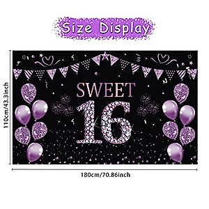 Trgowaul Sweet 16 Birthday Decorations Banner Girls, Purple Sweet 16th Backdrop Birthday Party Sign Supplies, Sweet Sixteen Year Old Poster Background Photo Booth Props Decor, Sweet 16 Decorations