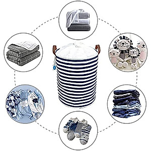 Casaphoria Drawstring Laundry Basket Freestanding with Lid,Lightweight Collapsible Waterproof Canvas Storage Bag with Handle for Livingroom Organizer,Dirty Clothes Hamper for Bedroom,48L Navy Stripe