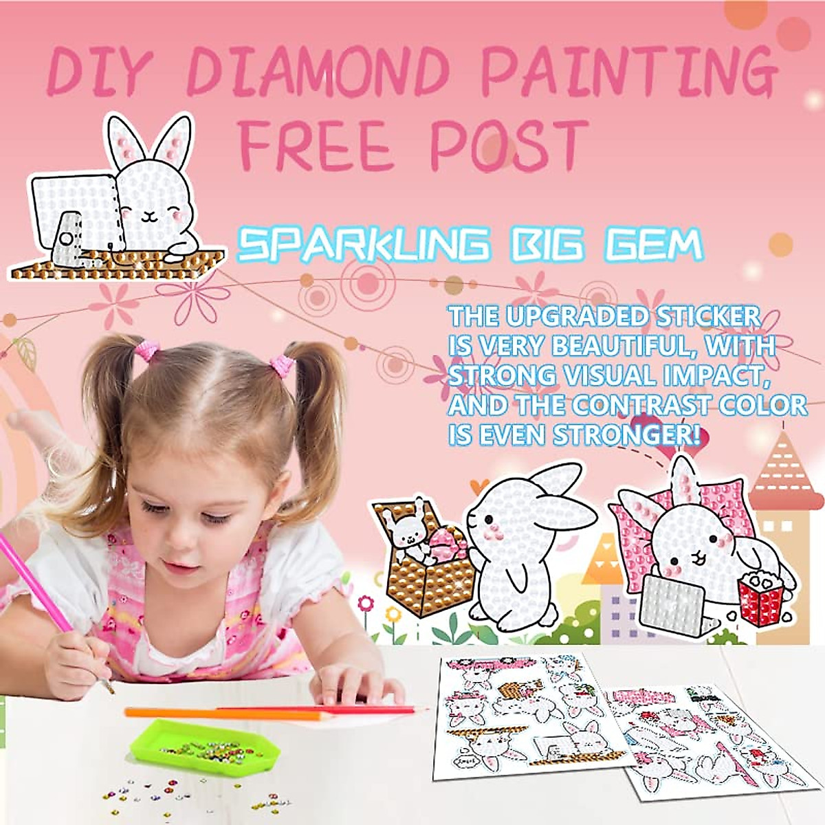 Gldmaoer 5D DIY Diamond Sticker Kids Painting Kit DIY Sticker Digital Diamond Painting Kit 5-12 Years Old Children Boys Girls Art Crafts Set (Bunny Stickers F9)