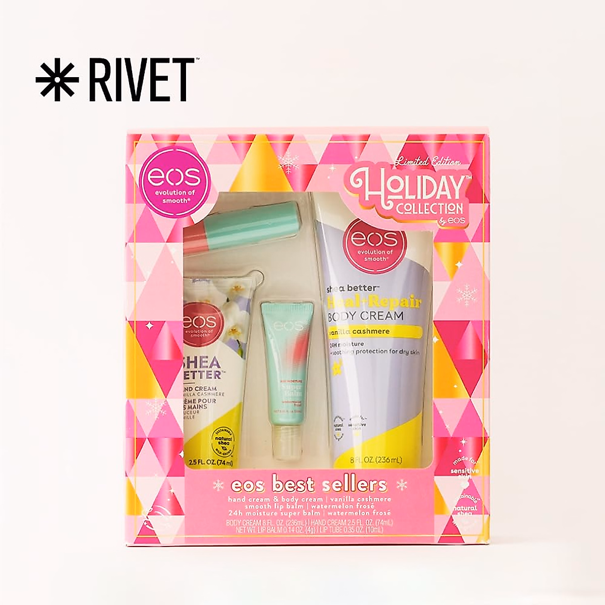 eos Holiday Skin Care Gift Set- Vanilla Cashmere Body & Hand Cream, Watermelon Frosé Lip Butter & Balm, Made for Sensitive Skin, 4-Pack