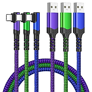 Besgoods Type C Charger Fast Charging, 90 Degree USB to USB C Cable [10ft,3Pack] Braided Cord Compatible with iPhone 16/15, Galaxy S24/S23/S22/S21/S20/S10/S9/S8, A13/A03s/A35-Blue,Green,Purple