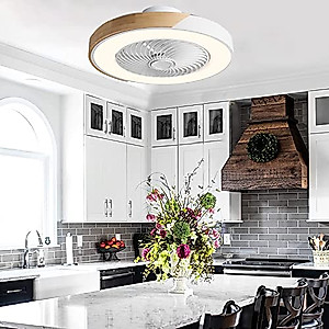 Modern Wooden Ceiling Fan with Light, 20'' LED Remote Control Dimmable Lighting Modes Low Profile Flush Mount Quiet Electric Fan, Adjustable Wind Speed Timing, Children's Princess Room,White