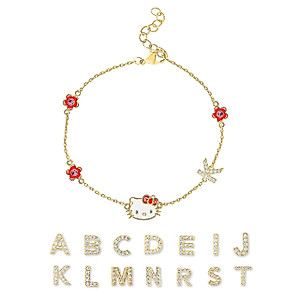 Hello Kitty Sanrio Womens Initial Bracelet 6.5" + 1"- Official License 18k Flash Plated Cubic Zirconia Letter K Bracelet