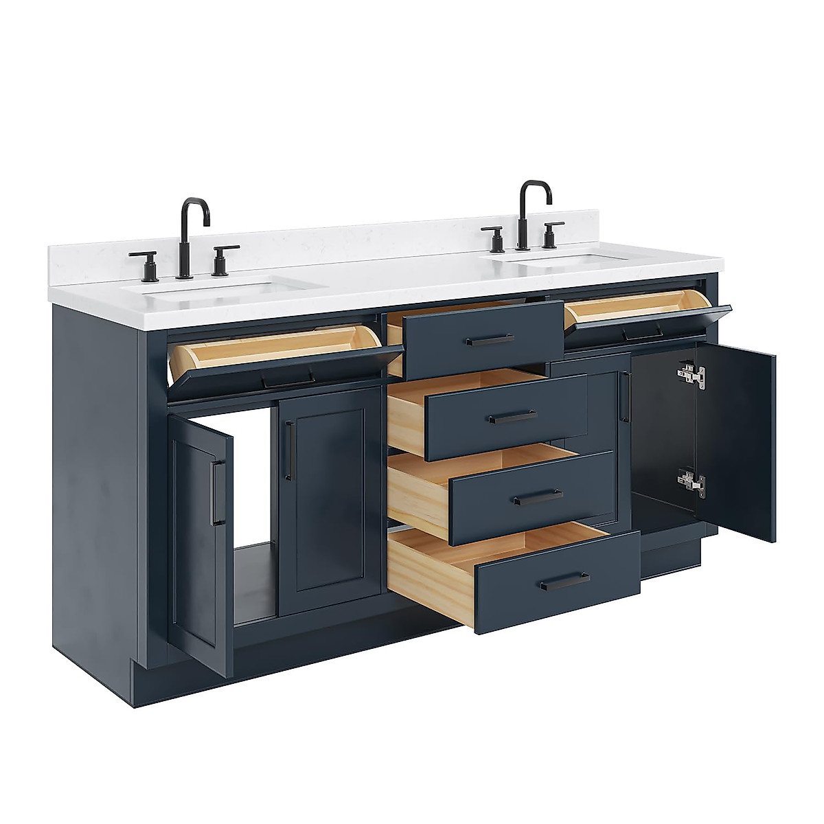 ARIEL Hepburn 72" Midnight Blue Double Vanity, 1.5" Edge Carrara Quartz Countertop & Splash, Rectangular Sinks, 4 Soft Closing Doors, 6 Full Extension Dovetail Drawers, Toe Kick, Matte Black