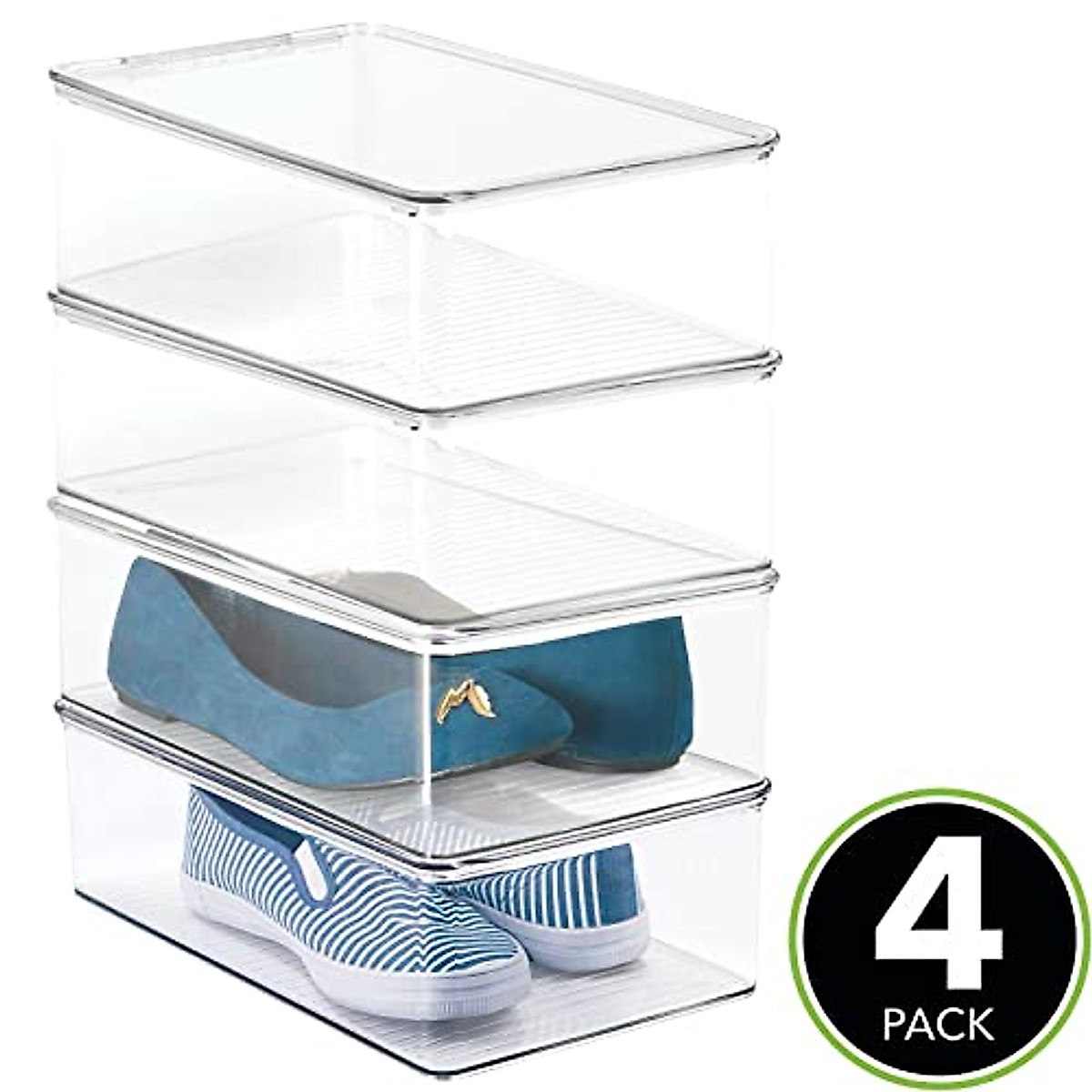 mDesign Plastic Closet Organizer Box Containers with Hinged Lid for Bedroom Shelves/Cabinets, Holds Flats, Sandals, Sneakers, Dress Shoes, Heels, Booties, and Wedges, Ligne Collection, 4 Pack, Clear
