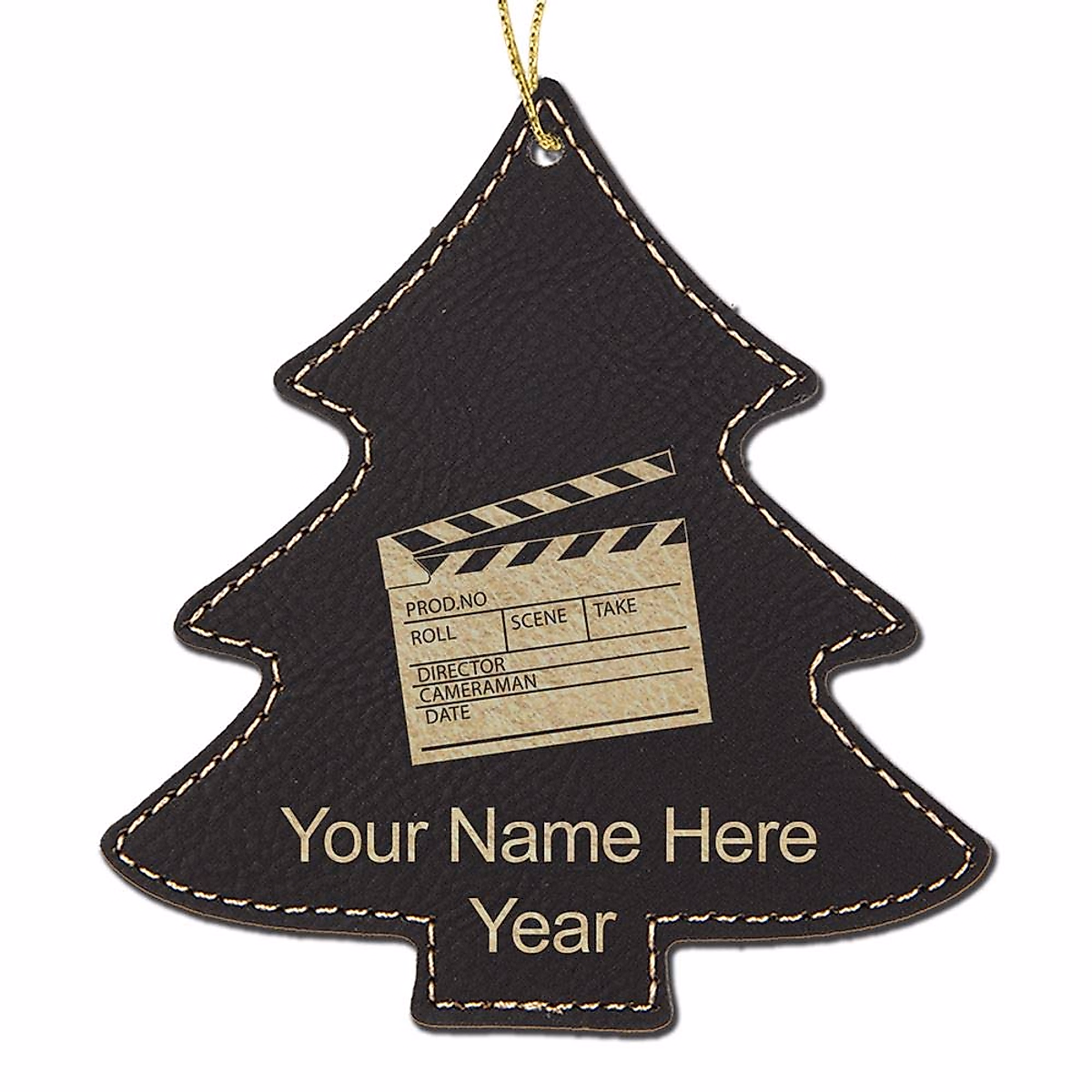 LaserGram Faux Leather Christmas Ornament, Movie Clapperboard, Personalized Engraving Included (Black with Gold, Tree)
