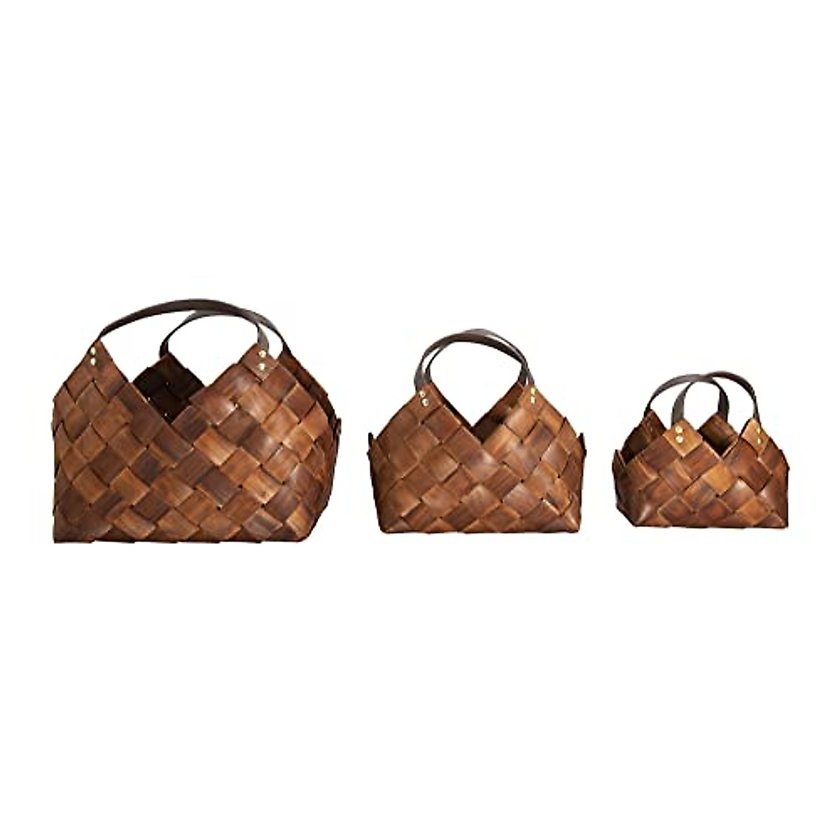 Creative Co-Op Brown Woven Seagrass Baskets with Leather Handles (Set of 3 Sizes) Wicker Non-Food Storage