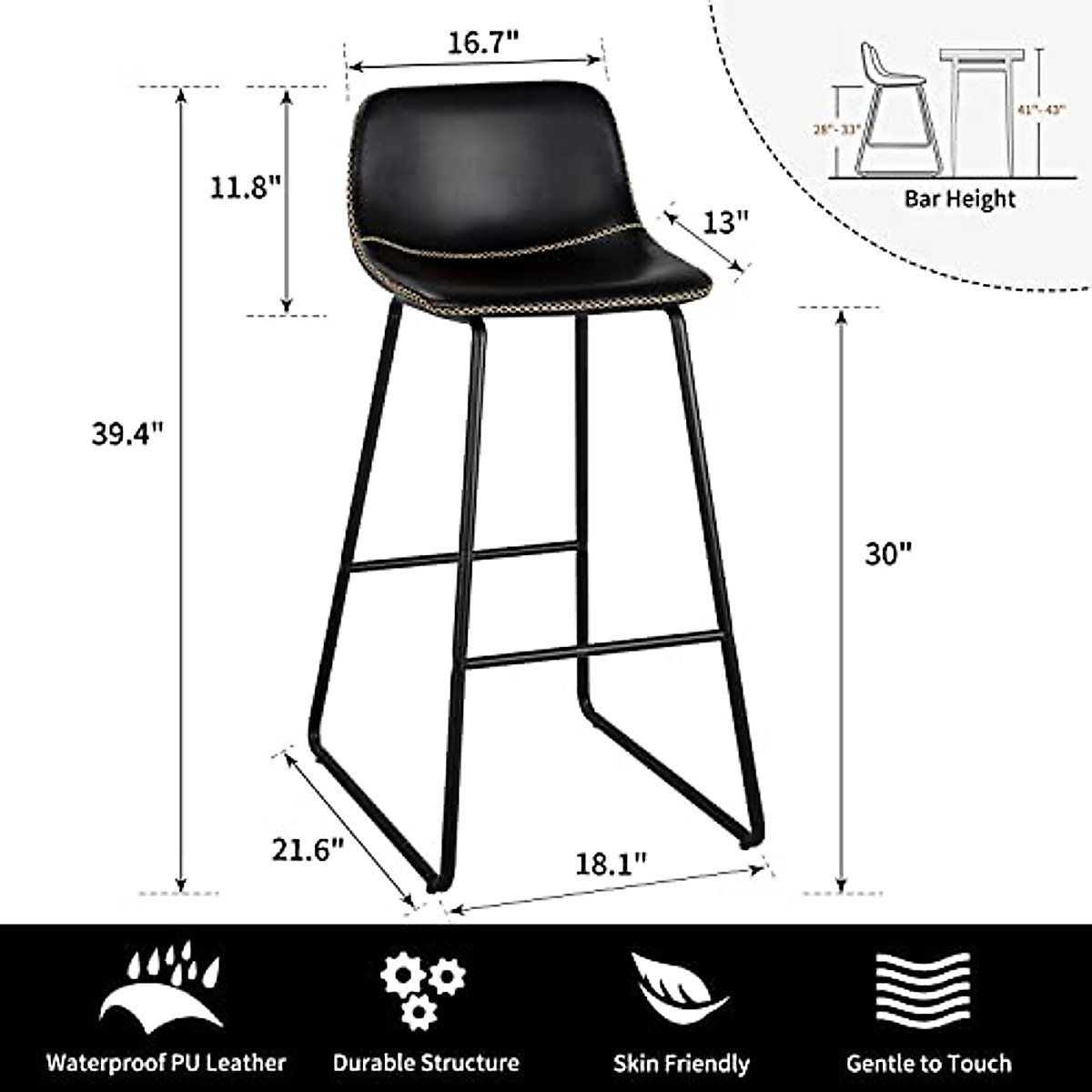 HeuGah Bar Stools,30" Bar Height Stools Set of 2,Faux Leather Bar Stools with Back,Modern Counter Stool for Kitchen Island (Black)