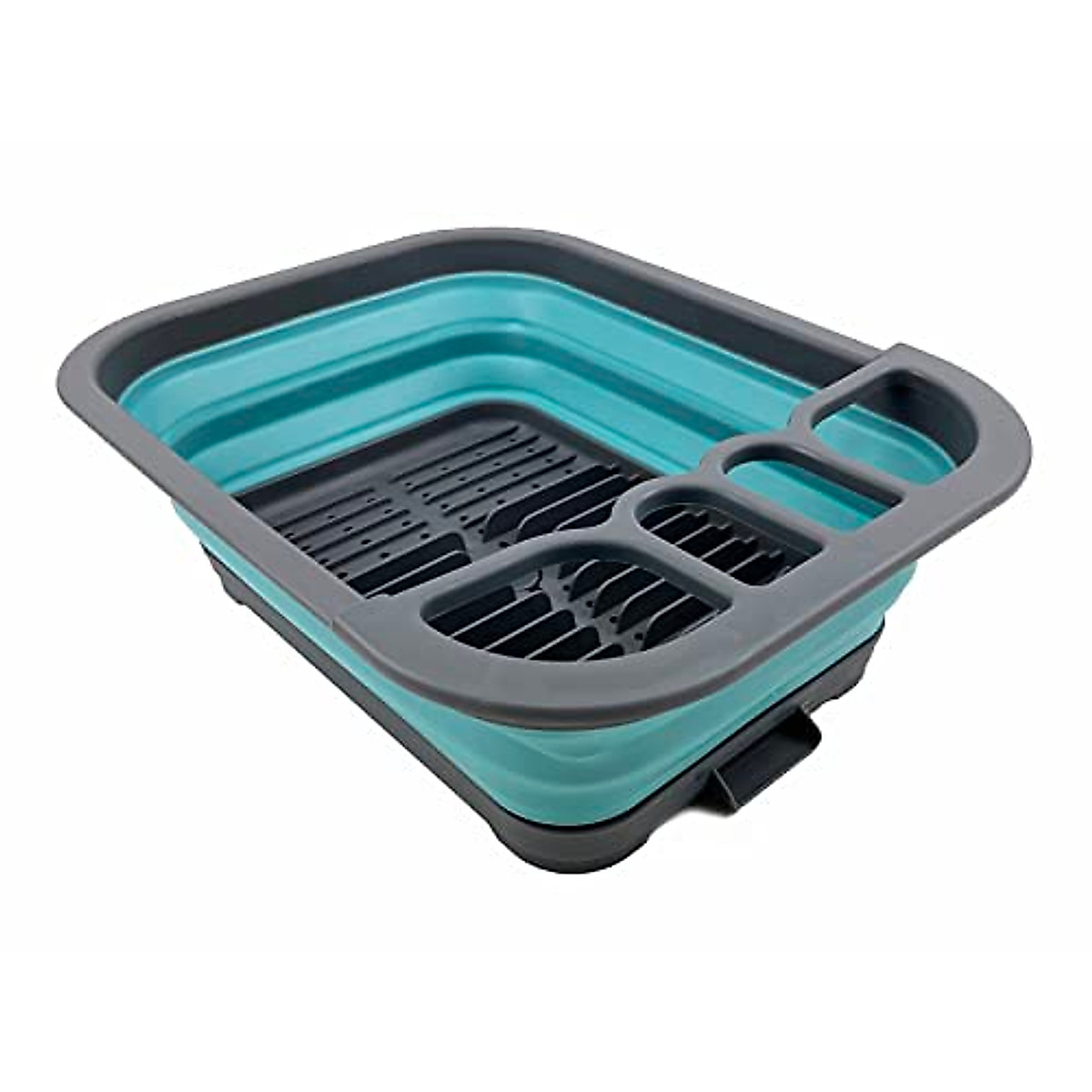 SAMMART 7.3L (1.9 Gallon) Collapsible Dish Drainer with Drainer Board - Foldable Drying Rack Set - Portable Dinnerware Organizer - Space Saving Kitchen Storage Tray (Grey/Crystal Blue)