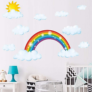 Large Sparkling Rainbow Wall Decal 21.6 x43.7inch, Rainbow Cloud Sun Wall Sticker, Peel and Stick Removable Rainbow with Sun Clouds Wall Stickers Wall Mural for Kids Nursery Bedroom
