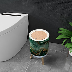 PHAIBHKERP Trash Can with Lid Abstract Luxury Marble Art marbling Texture Green Gold 3D Garbage Can Round Waste Bin Press Cover Dog Proof Wastebasket for Kitchen Bathroom Living Room Nursery 1.8gal