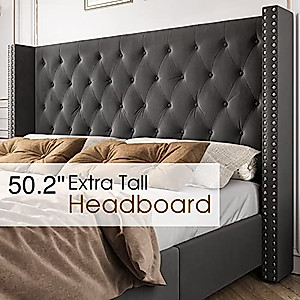 PaPaJet Tufted Upholstered Platform Bed Frame King Size Velvet Low Profile Platform Beds Raised Wingback Headboard with Strong Wooden Slats/Mattress Foundation/Easy Assembly, Dark Grey