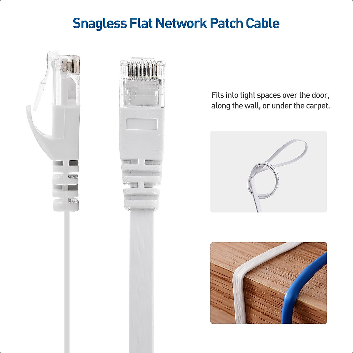 Cable Matters Cat6 Snagless Long Flat Ethernet Cable 50 ft in White with Nail-in Cable Clips
