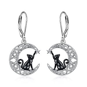 SHEAISRS Black Cat Earrings for Women 925 Sterling Silver Celtic Moon Leverback Earrings Crescent Moon Earrings Dangle Black Cat Jewelry