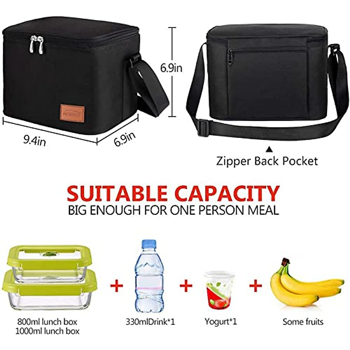 Aosbos Insulated Lunch Box for Men Women Leakproof Cooler Bag Reusable Lunch Tote Bag Adult Lunch Pail Thermal Lunch Boxes Bento Lunch Box Bag 7.5L Black