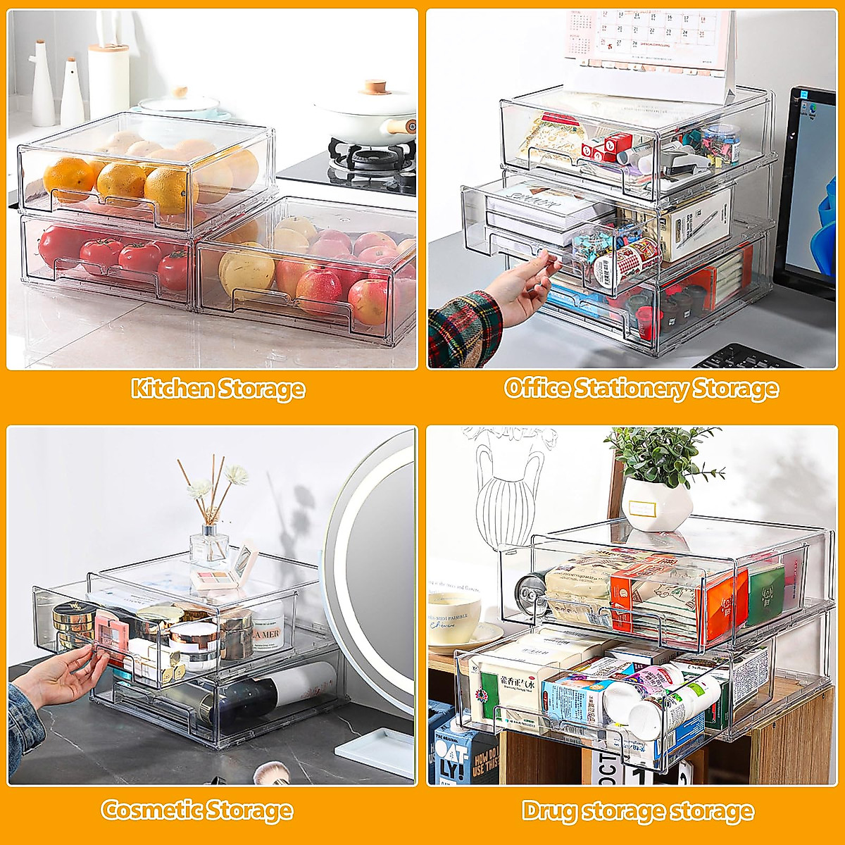3 Pcs Extra Large Refrigerator Organizer Bins - Pull-Out & Stackable Fridge Drawers, Clear Food Storage Containers for Fruit & Vegetables, Kitchen & Freezers