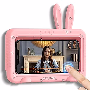 nediea Shower Phone Holder Waterproof, Cute Bunny 360° Rotation Bathroom Phone Case, Strongly 3M Adhesive Wall Mount Phone Holder for Bathroom, Kitchen, Sink, Support up to 6.8" Smartphones (Pink)