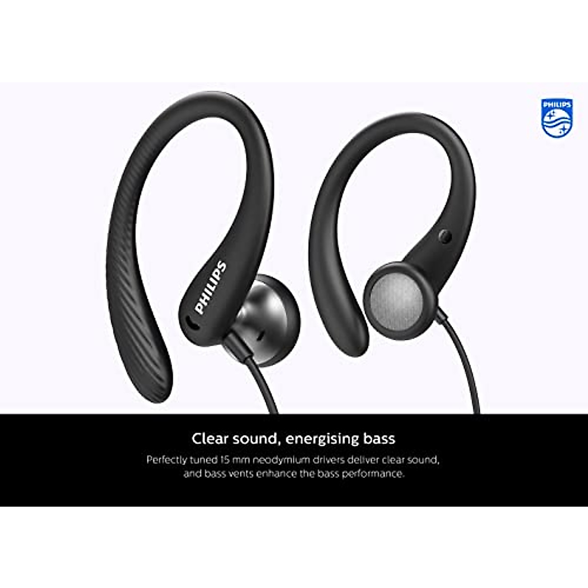 Philips A1105 in-Ear Sports Wired Headphones with Ear Hooks for Secure Fit, Deep bass, in-line Remote Control and Microphone, Sweat-Resistant, 3.5 mm Connector TAA1105BK