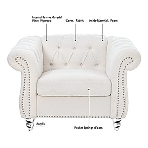 39" Chesterfield Single Sofa Chair Acrylic Crystal Leg Teddy Fabric Upholstered 1 Seater Sofa with Tufted Back,Roll Arm Settee Couches for Living Room Furniture (White + Polyester, Single Sofa)