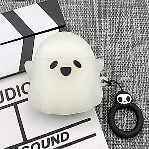 Cartoon AirPods Case Cover, Cute Cases Compatible with Apple AirPods 2nd 1st Generation, Kawaii Soft Silicone Protective Cover for Airpod 2/1 with Keychain for Women Men White Ghost