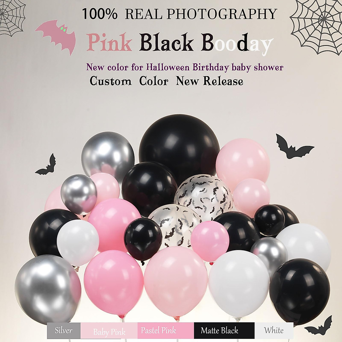 Pink Black Silver Halloween Balloon Garland Kit 130Pcs With Starburst Ghost balloon and wizard Hat for Girl baby shower Happy boo day spooky one Birthday Party Decoration