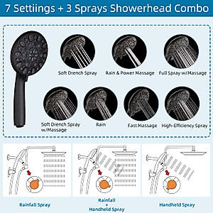 12" High Pressure Rainfall Shower Head All Metal 7-Spray Handheld Showerhead Combo with 11" Adjustable Shower Extension Arm, 71" Hose, Adhesive Shower Head Holder, Oil Rubbed Bronze