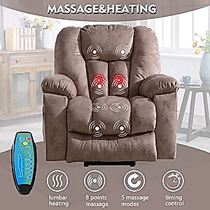 CANMOV Large Power Lift Recliner Chair with Massage and Heat for Elderly, Overstuffed Wide Recliner Heavy Duty and Safety Motion Reclining Mechanism with 2 Concealed Cup Holders, Light Brown