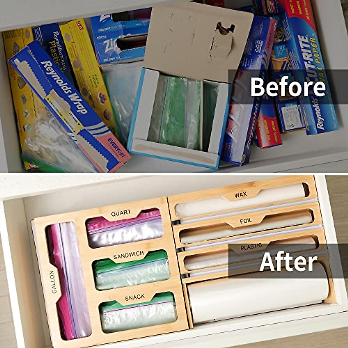 Bamboo Ziplock Bag Storage Organizer for Kitchen Drawer and Wall Mount - Food Baggie Holders Container - Compatible for most brands such as Ziploc, Solimo, Glad, Hefty with different sizes & usages for Gallon, Quart, Sandwich, Snack Variety Size Bags