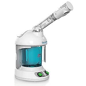 Nano Ionic Facial Steamer with 360° Rotating Nozzle, Portable Facial Steamer for Personal Care Use at Home or Salon Bonus 1 Piece Spa Headband 4 Piece Stainless Steel Skin Kit (White)