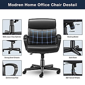 OLIXIS Office Desk Chair with Padded Armrests Executive Mid Back Lumbar Support and Adjustable Height & Tilt Angle PU Leather Swivel, Black